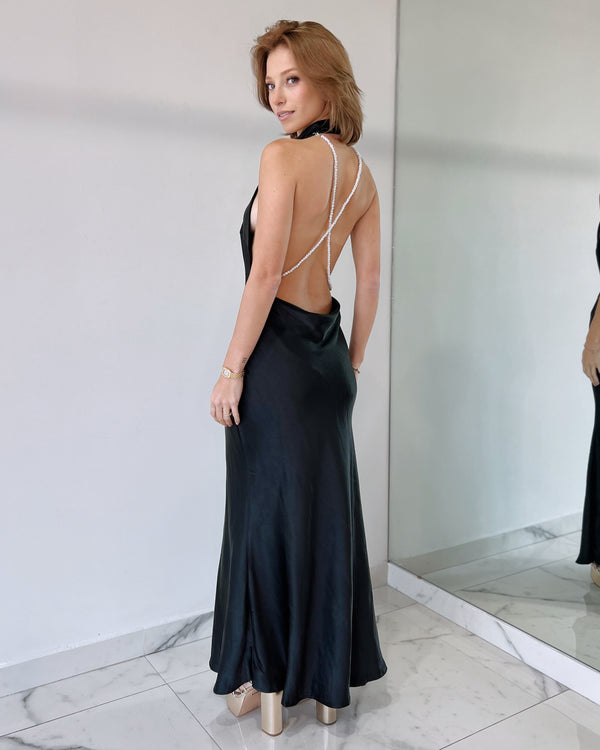 Black Open Back Pearl Halter Maxi Dress - IKL BOUTIQUE