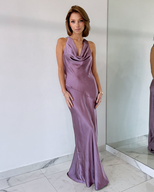 Lilac Open Back Silk Gown Dress - IKL BOUTIQUE