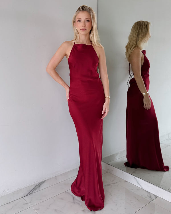 Wine Open Back Silk Gown Dress - IKL BOUTIQUE