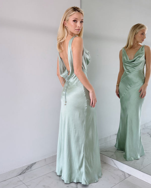 Mint Open Back Silk Maxi Dress - IKL BOUTIQUE