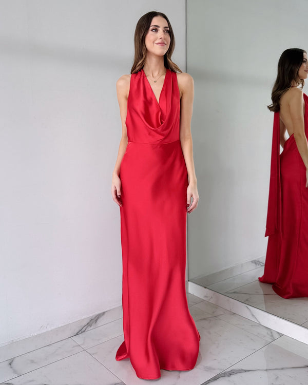 Red Halter Open Back Gown Dress - IKL BOUTIQUE