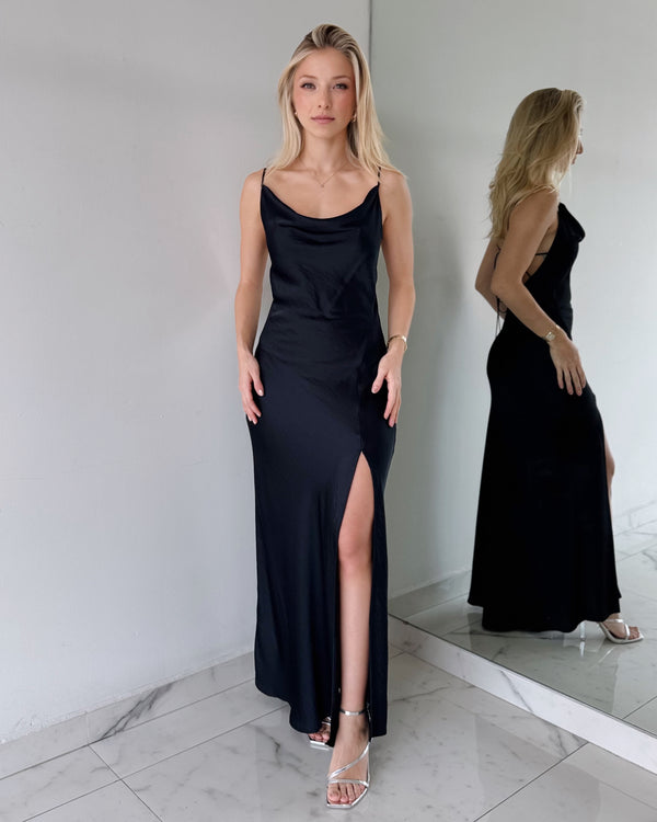 Black Open Back Silk Gown Dress - IKL BOUTIQUE