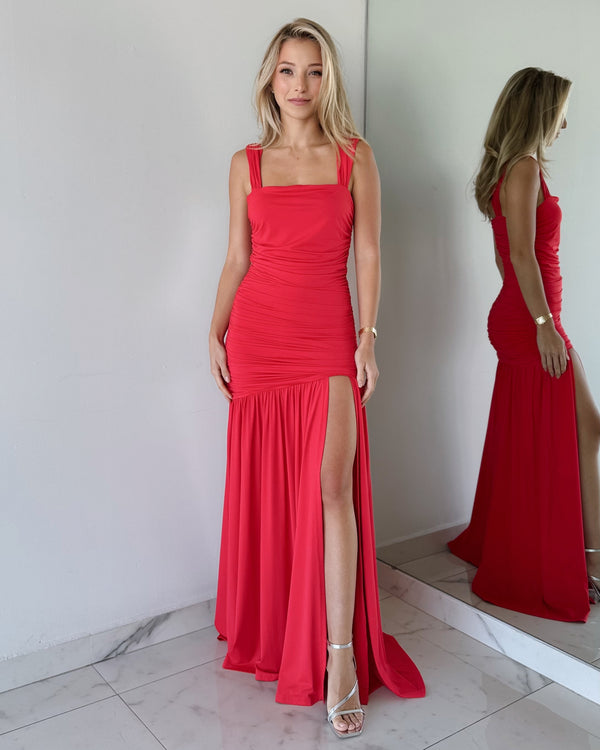 Red Bodycon Open Leg Gown Dress - IKL BOUTIQUE