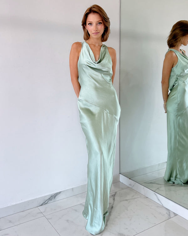 Mint Open Back Silk Gown Dress - IKL BOUTIQUE