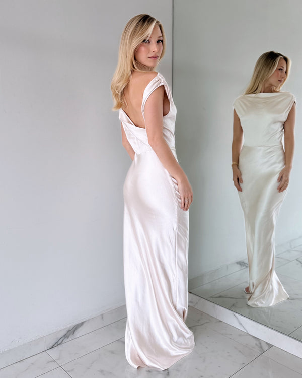 Champagne Silk Open Leg Maxi Dress - IKL BOUTIQUE
