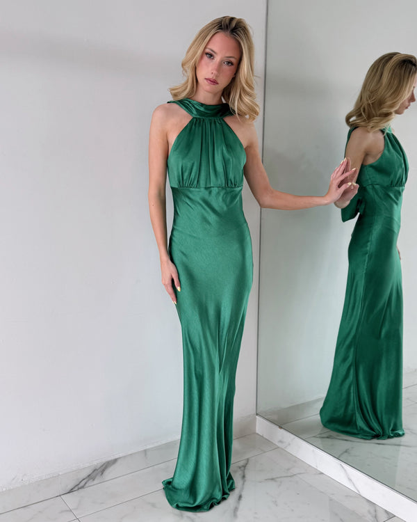 Green Emerald Open Back Silk Gown Dress - IKL BOUTIQUE