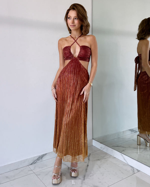 Rust Pleated Midi Dress - IKL BOUTIQUE