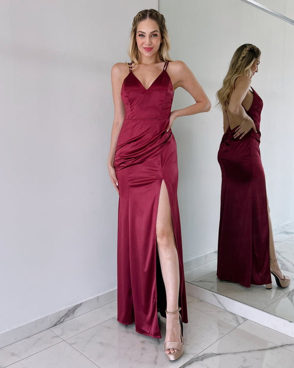 Wine Open Back Silk Gown Dress - IKL BOUTIQUE